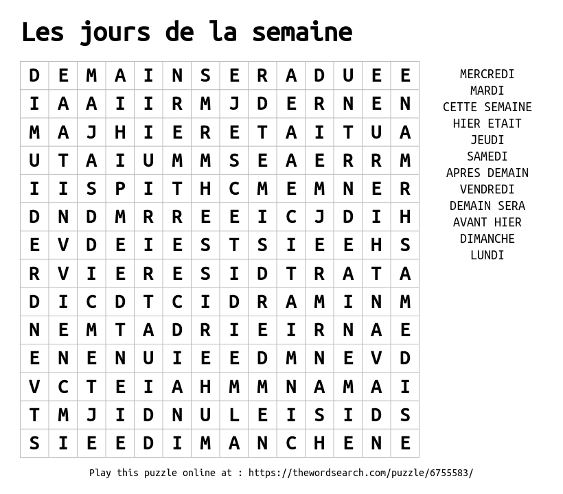 Les jours de la semaine Word Search