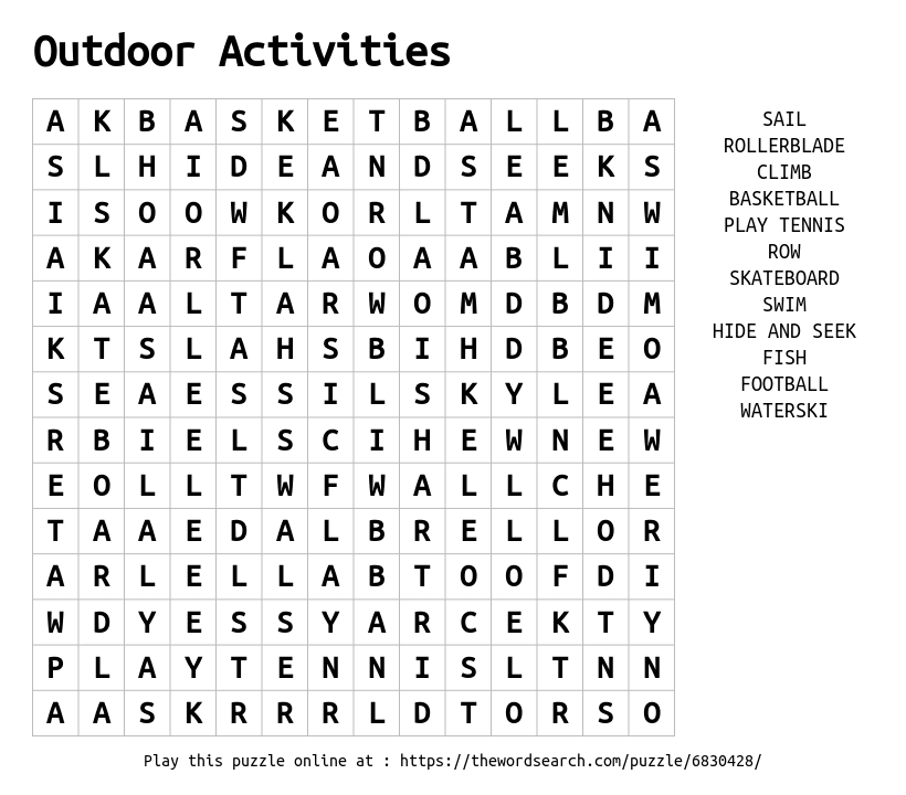 Outdoor Activities Word Search