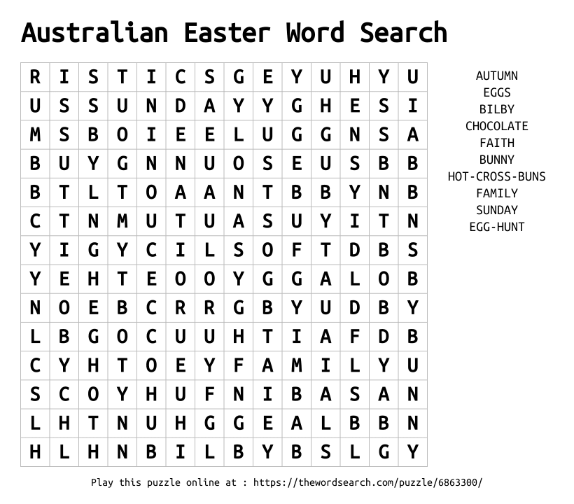 Download Word Search on Australian Easter Word Search