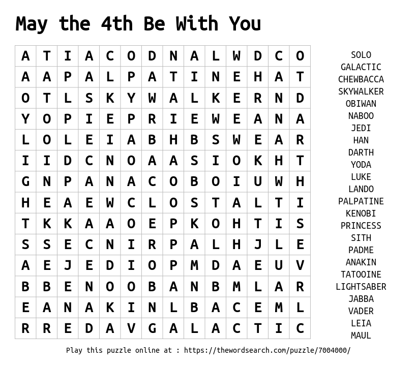 May the 4th Be With You Word Search