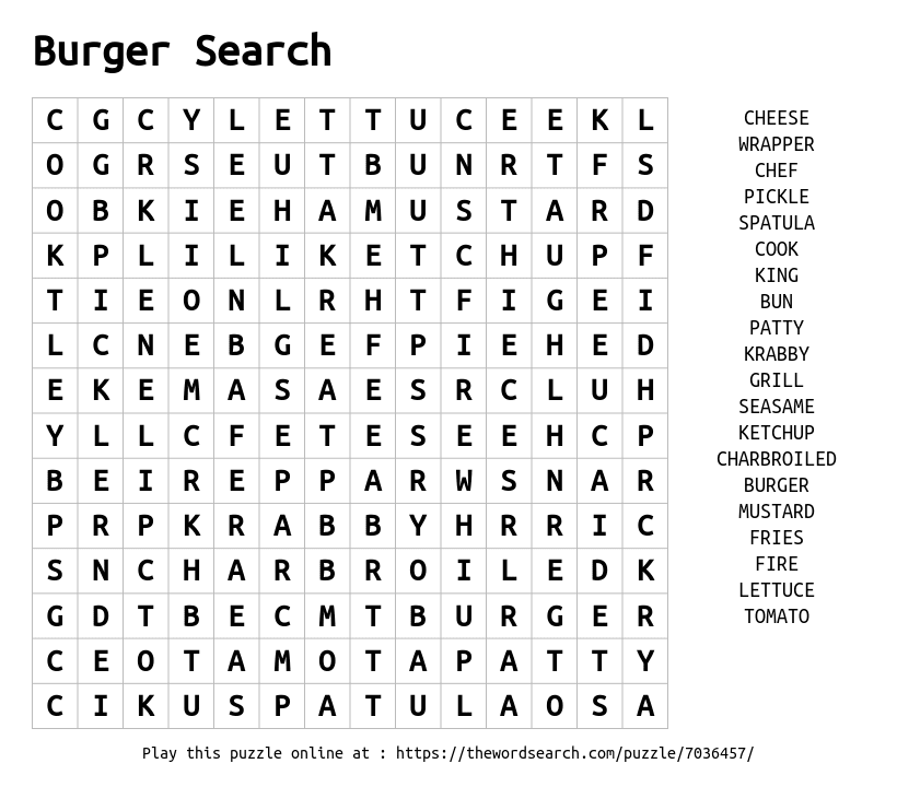 Burger Search Word Search
