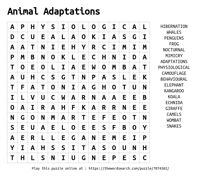 Download Word Search on Animal Adaptations