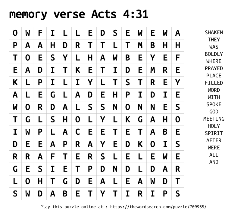 Memory Verse Acts 4 31 Word Search Memory Verse Acts 4 31 Word Search