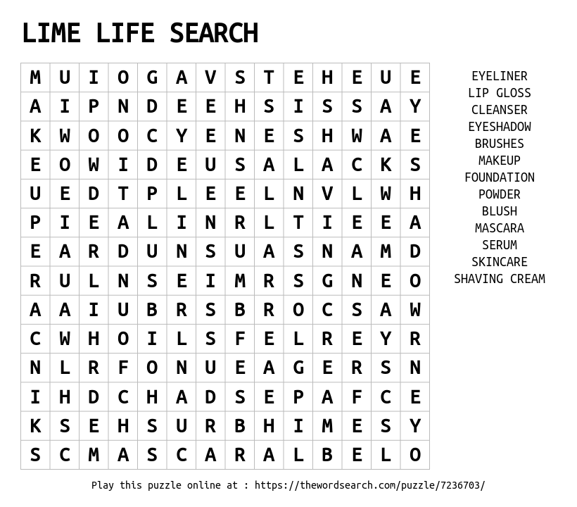 LIME LIFE SEARCH Word Search