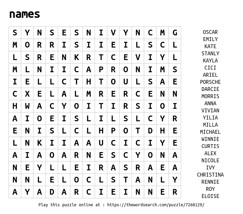 names Word Search