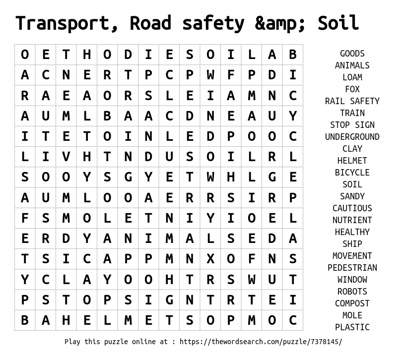 Transport, Road safety & Soil Word Search