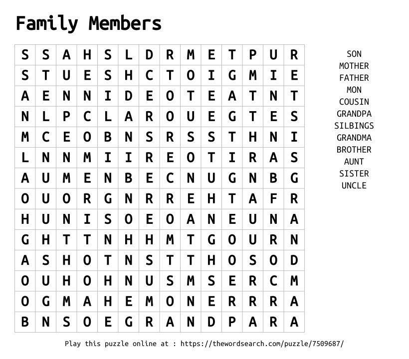 Family Members Word Search