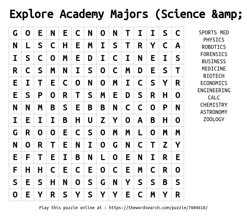 Explore Academy Majors (Science & Math) Word Search