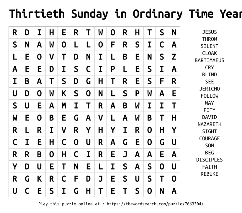 Download Word Search on Thirtieth Sunday in Ordinary Time Year B