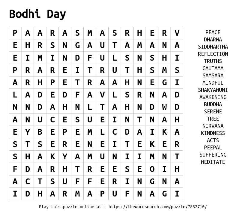 Bodhi Day Word Search