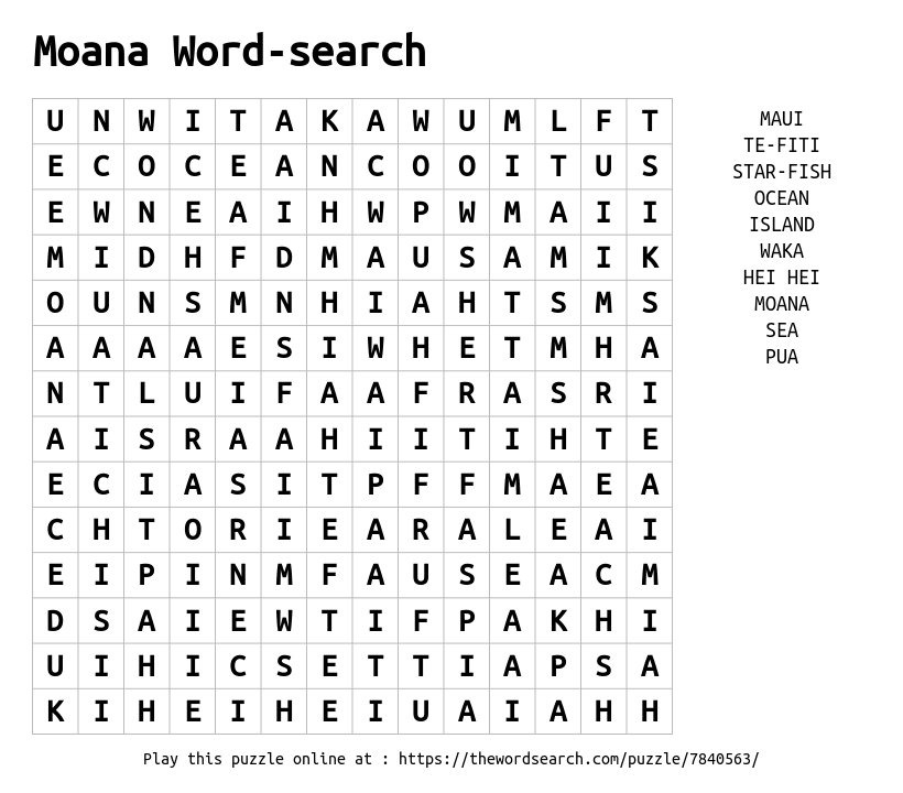 Moana Word-search Word Search
