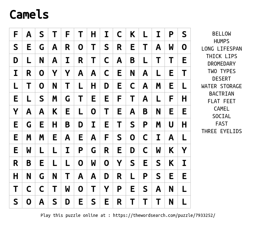 Camels Word Search