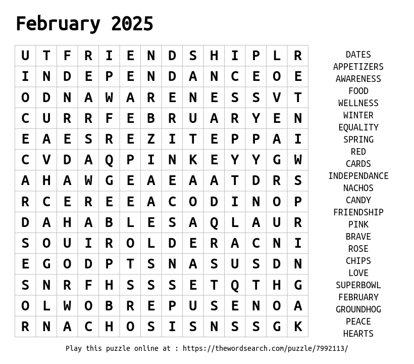 February 2025 Word Search