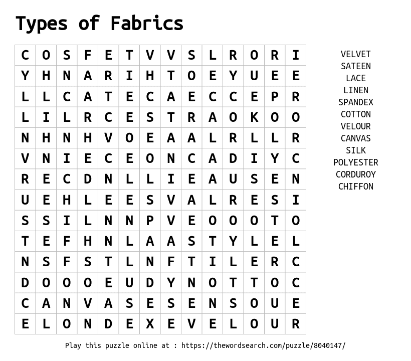 Types of Fabrics Word Search