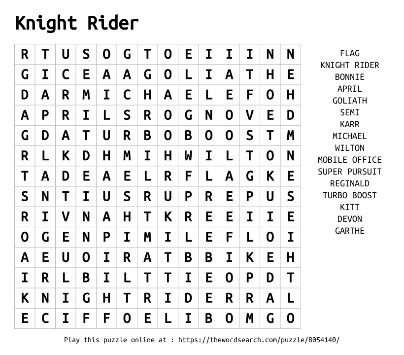 Knight Rider Word Search