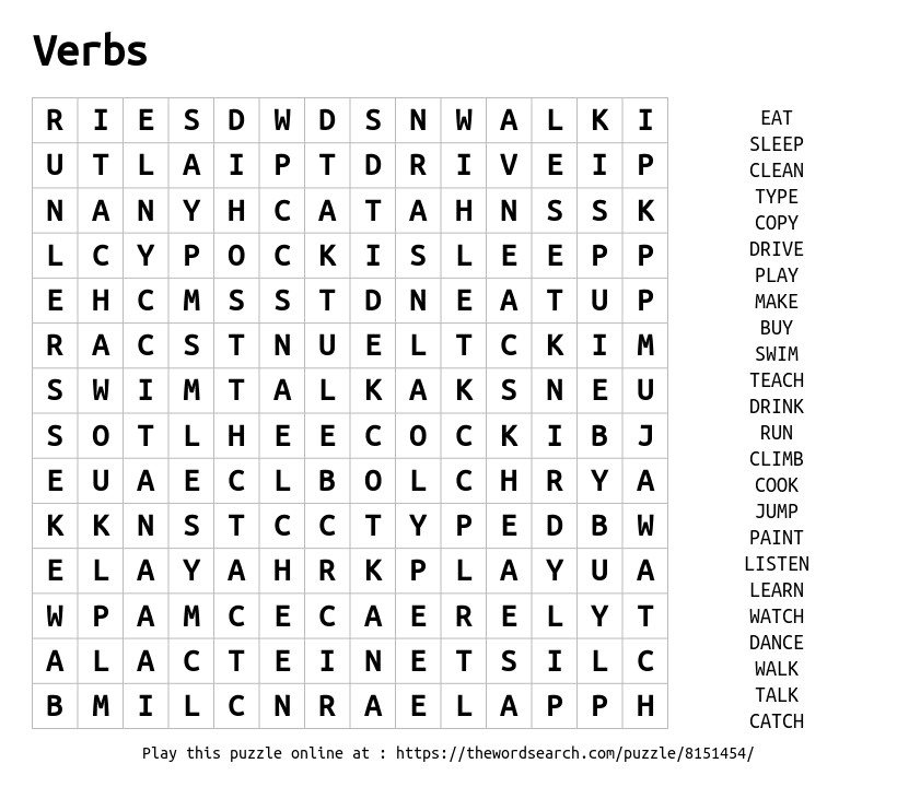 Verbs Word Search