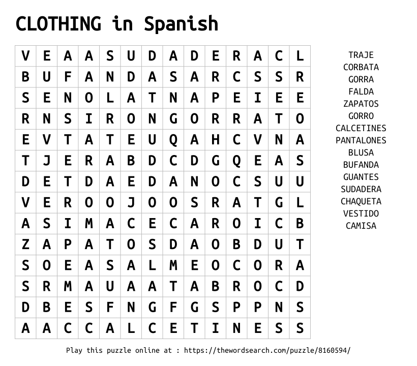 Download Word Search on CLOTHING in Spanish
