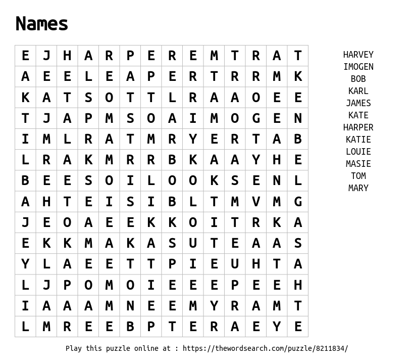 Names Word Search