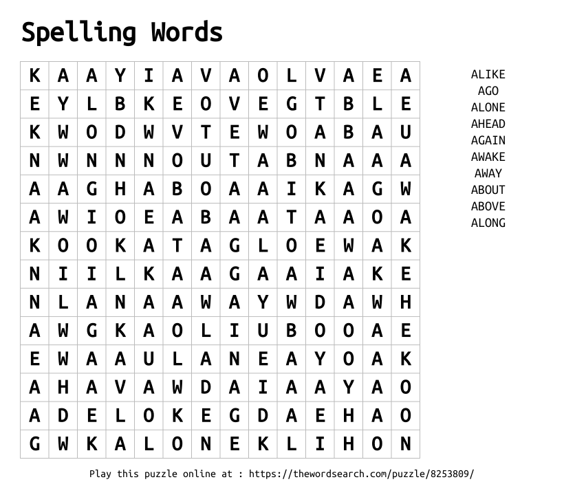 Spelling Words Word Search