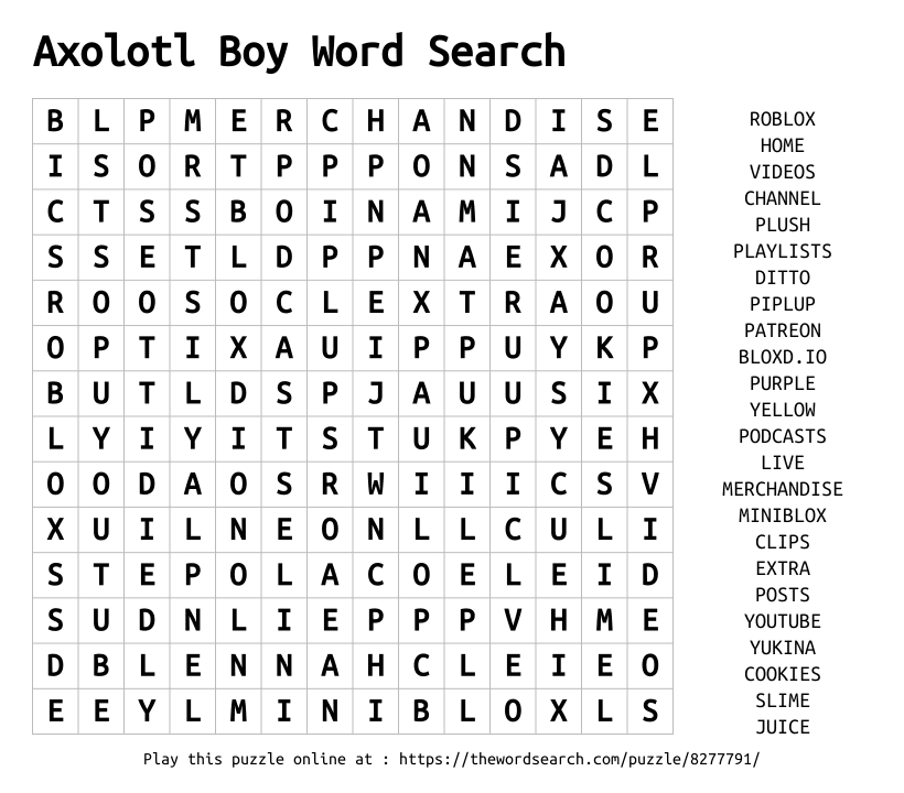 Download Word Search on Axolotl Boy Word Search