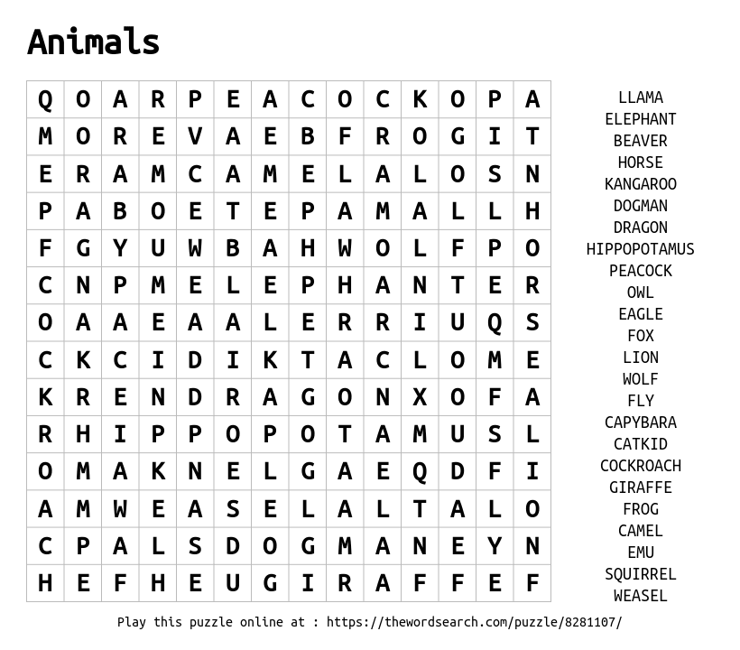 Animals Word Search
