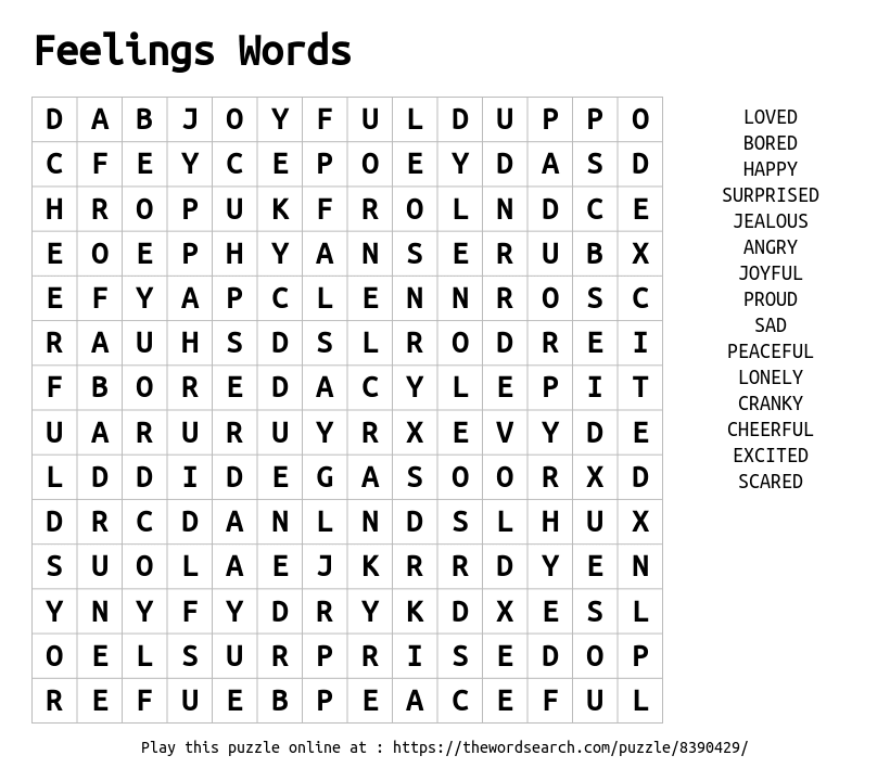 Feelings Words Word Search