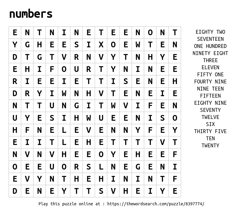 numbers Word Search