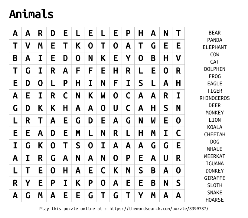 Animals Word Search