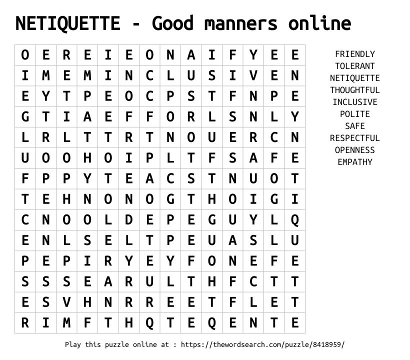 NETIQUETTE - Good manners online Word Search