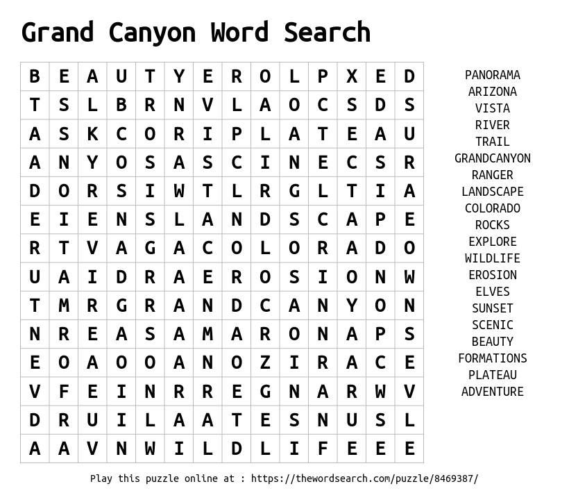 Grand Canyon Word Search Word Search