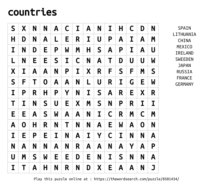 countries Word Search