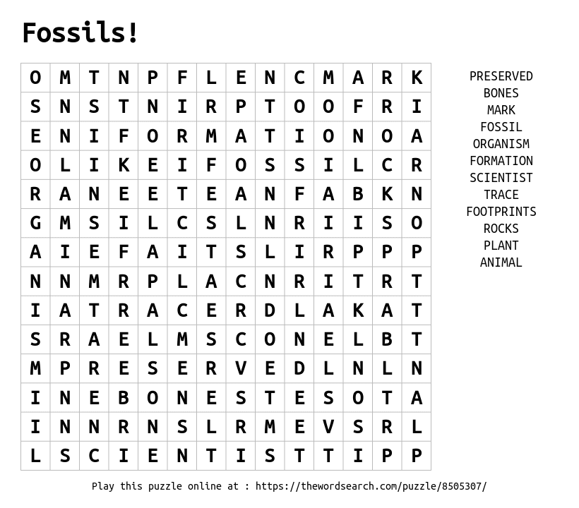 Fossils! Word Search