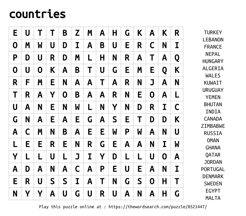 countries Word Search