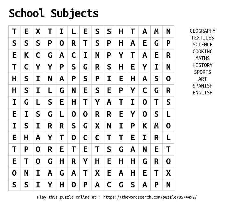 School Subjects Word Search