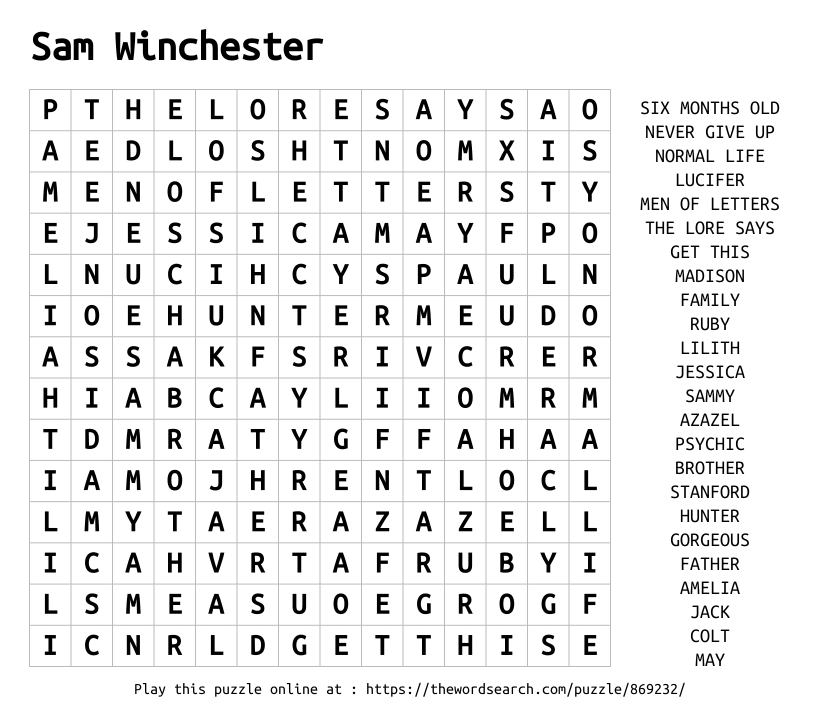 Download Word Search on Sam Winchester