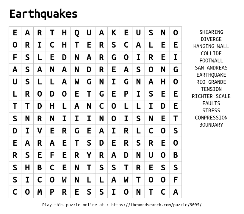 Earthquake Puzzle Page Vocabulary Wordsearch