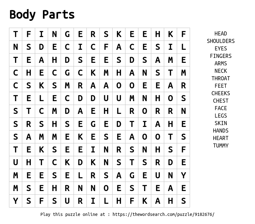 Body Parts Word Search