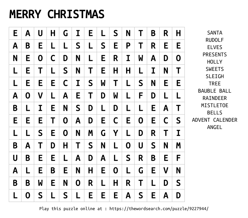 MERRY CHRISTMAS Word Search