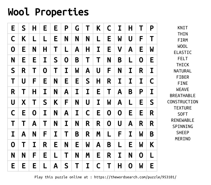 Wool Properties Word Search Wool Properties Word Search